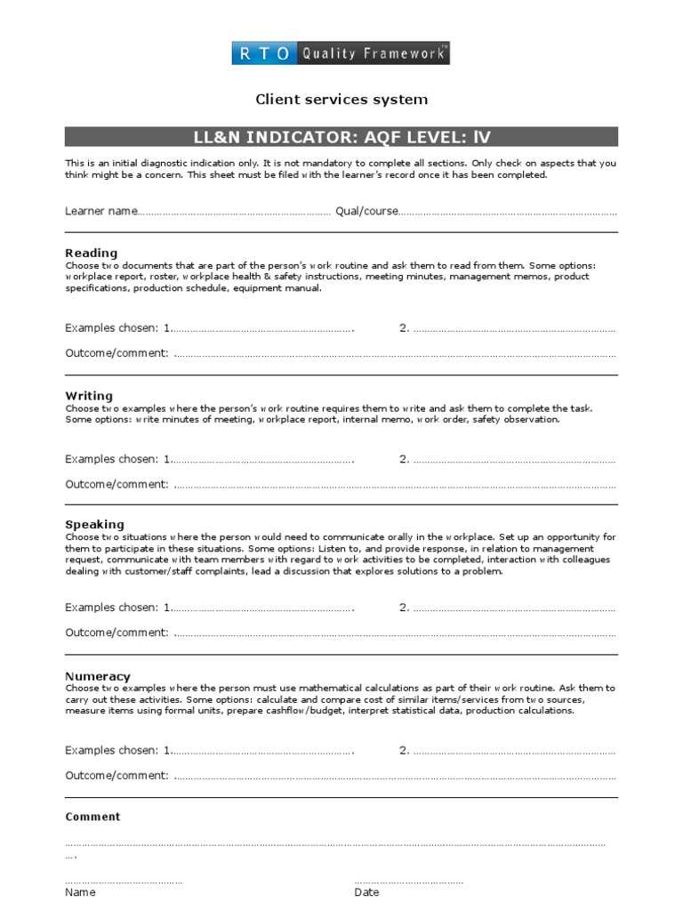 LL&N Assessment for AQF Level IV | PDF | Communication | Cognition