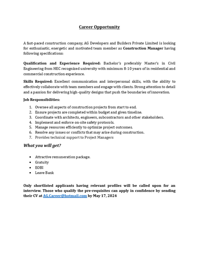 Career Opportunity - Construction Manager | PDF