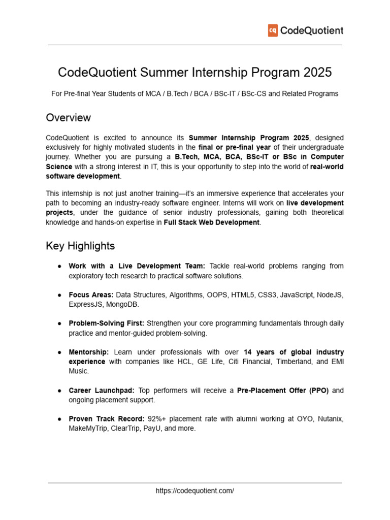 CodeQuotient Summer Internship Program 2025 | PDF | Mentorship ...