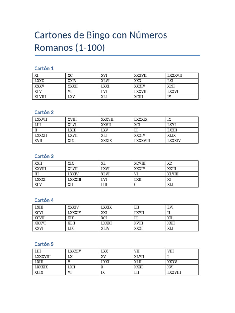 Bingo Numeros Romanos 1 A 100 | PDF