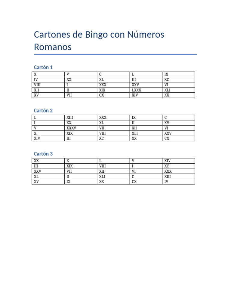 Bingo de Números Romanos para Imprimir | PDF
