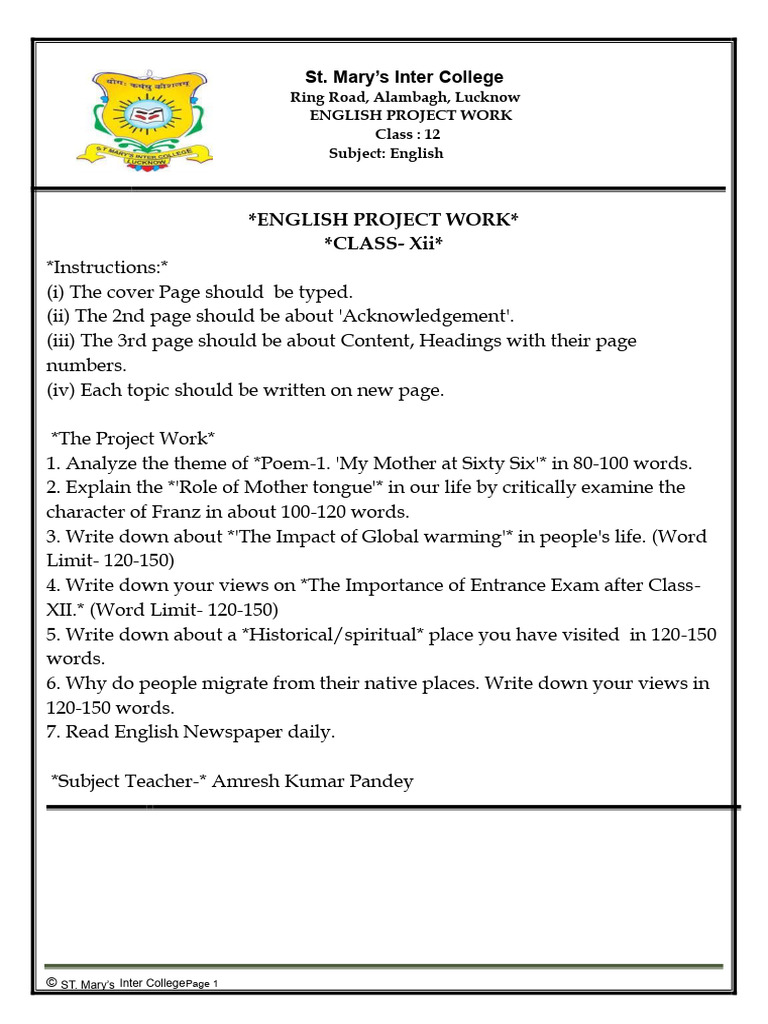 English Project Work Class 12 | PDF