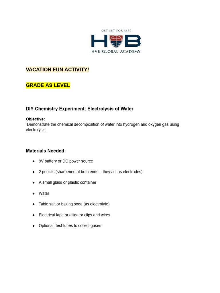 Electrolysis of Water Experiment Guide | PDF