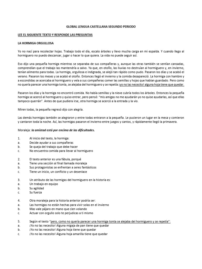 La hormiga y su orgullo: fábula educativa | PDF | Coma | Adjetivo