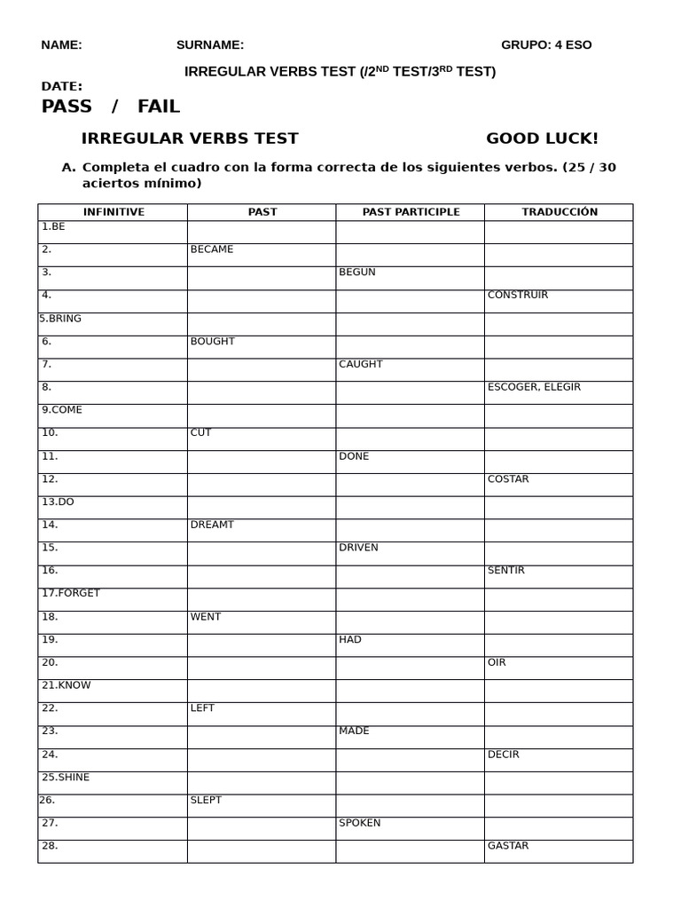Irregular Verbs Test 4 Eso | PDF