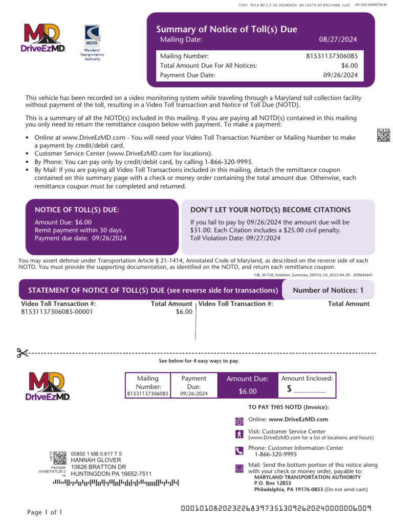 Summary of Notice of Toll(s) Due: Mailing Date: 08/27/2024 | PDF ...