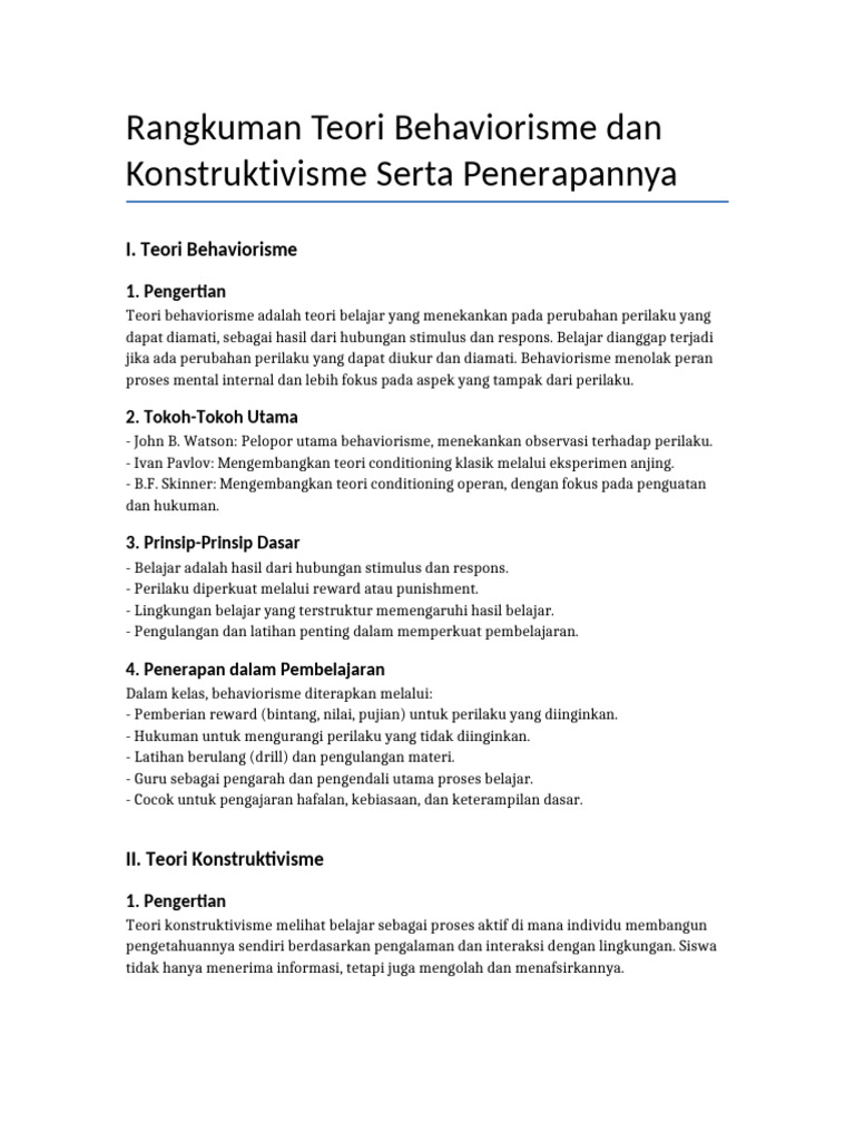 Rangkuman Teori Behaviorisme Dan Konstruktivisme Dan Penerapannya | PDF
