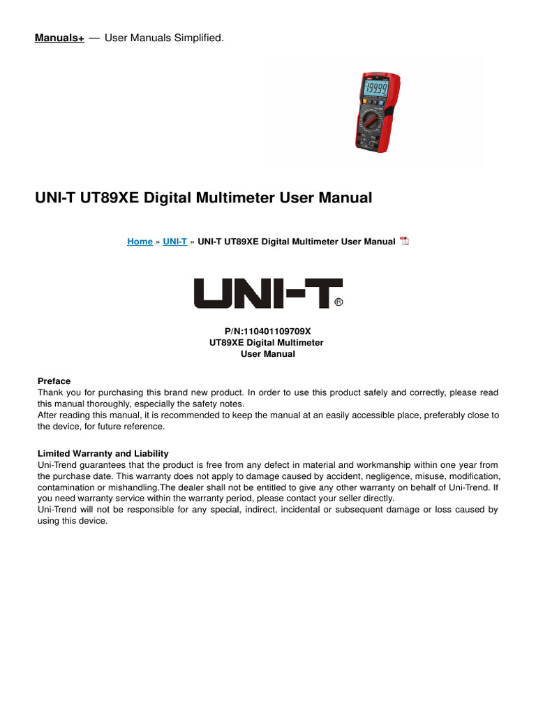 UNI-T UT89XE Multimeter User Manual | PDF | Power Supply | Capacitor