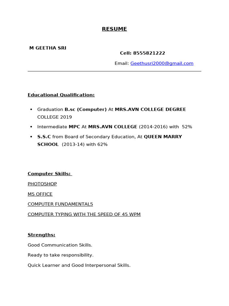 Geetha Sri's Resume Overview | PDF