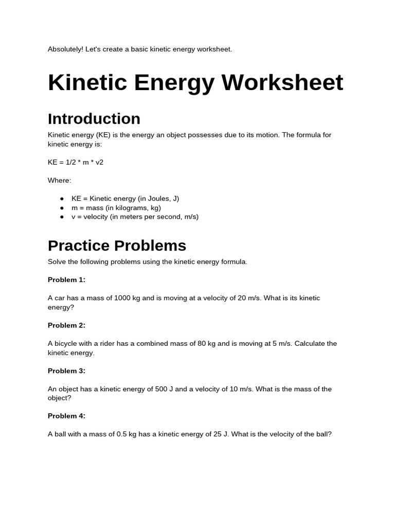 Kinetic Energy Worksheet | PDF