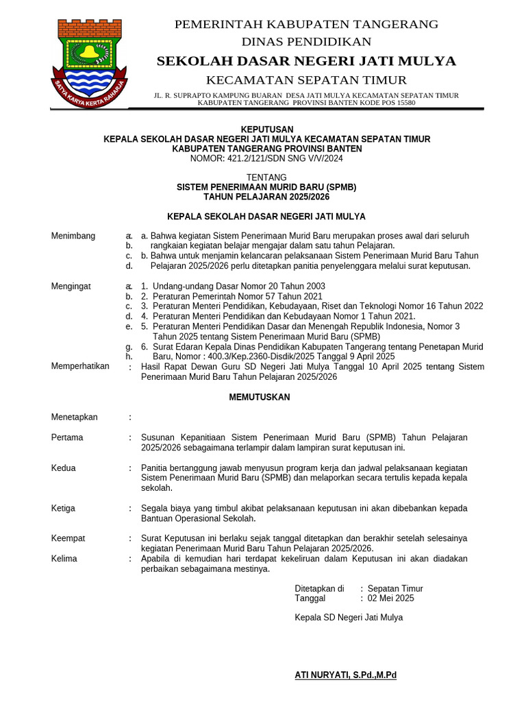 SK Panitia SPMB SD 2025/2026 | PDF