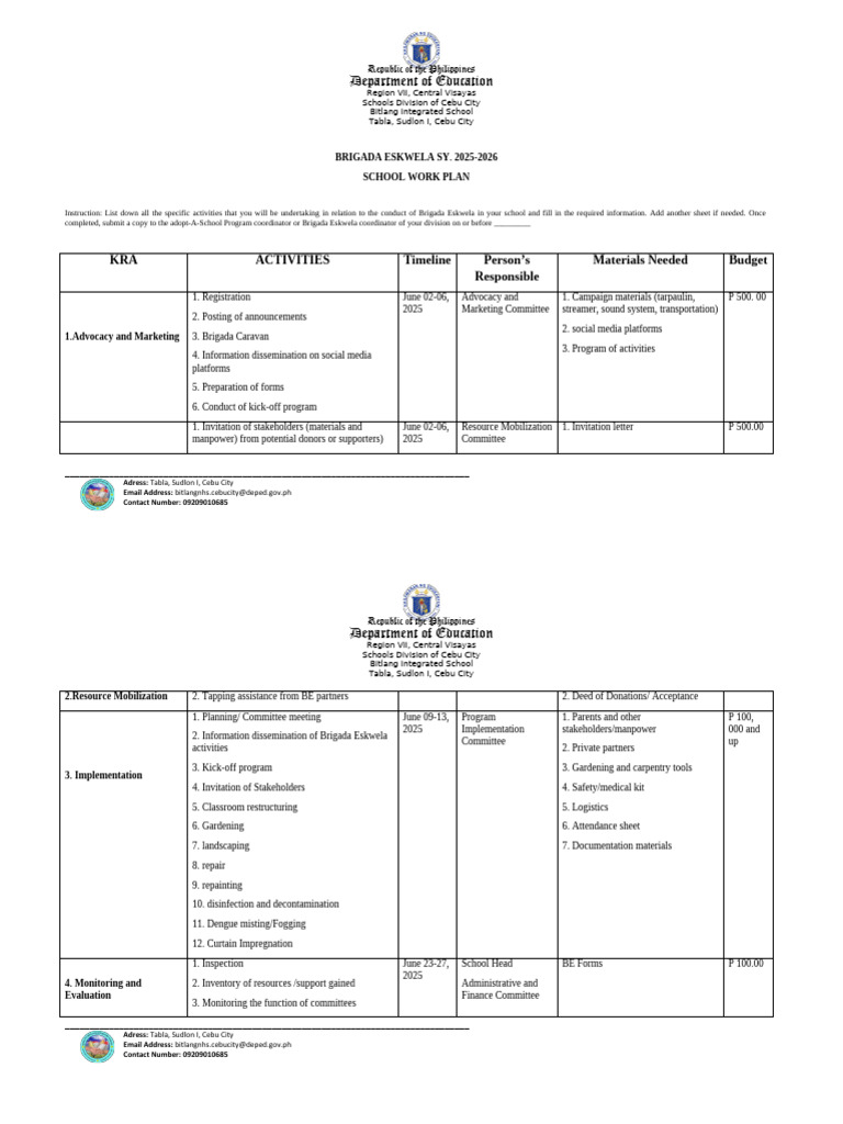 Be Form 2 - Brigada Eskwela Workplan 2025-2026 | PDF