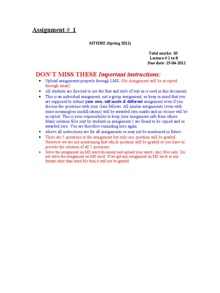 MTH302 Spring 2011 Assignment Guidelines | PDF | Finance & Money Management