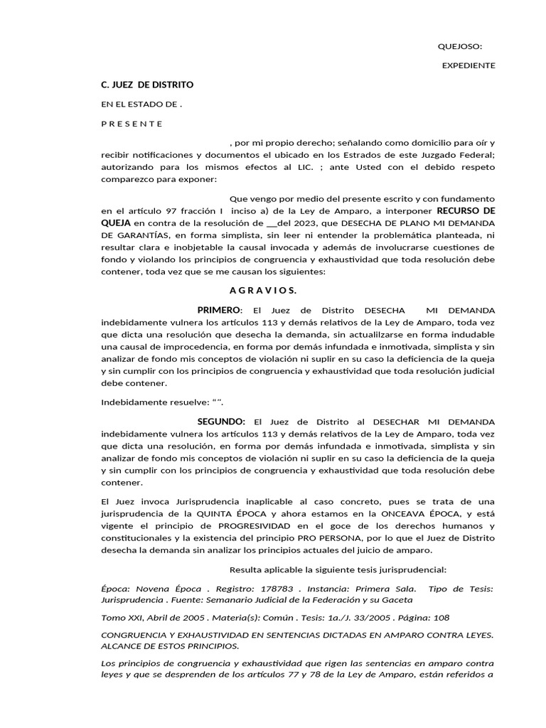 Ejemplo de Recurso de Queja Por Desechamiento de La Demanda de Amparo | PDF | Caso de ley ...