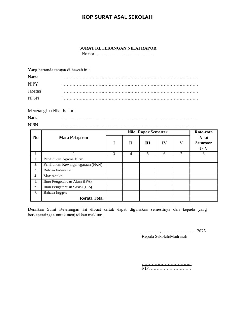 Surat Keterangan Nilai Rapor | PDF