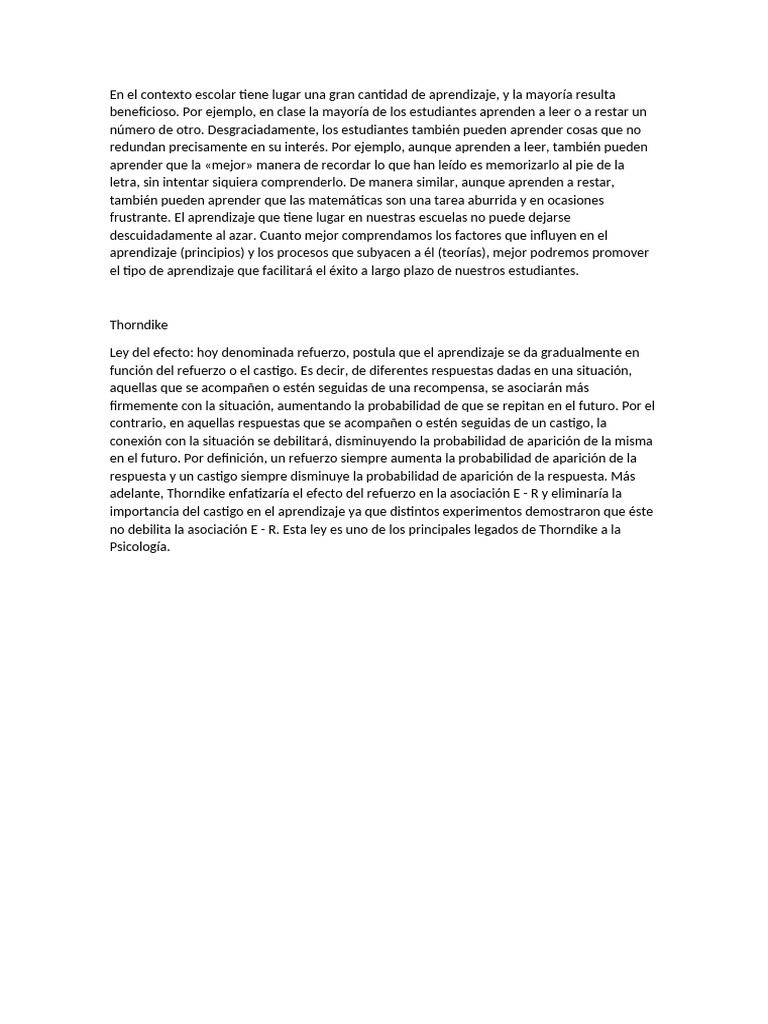 Aprendizaje Escolar: Ley del Efecto de Thorndike | PDF