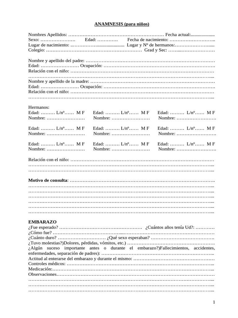 Anamnesis para Niños | PDF | Enfermedades y trastornos humanos