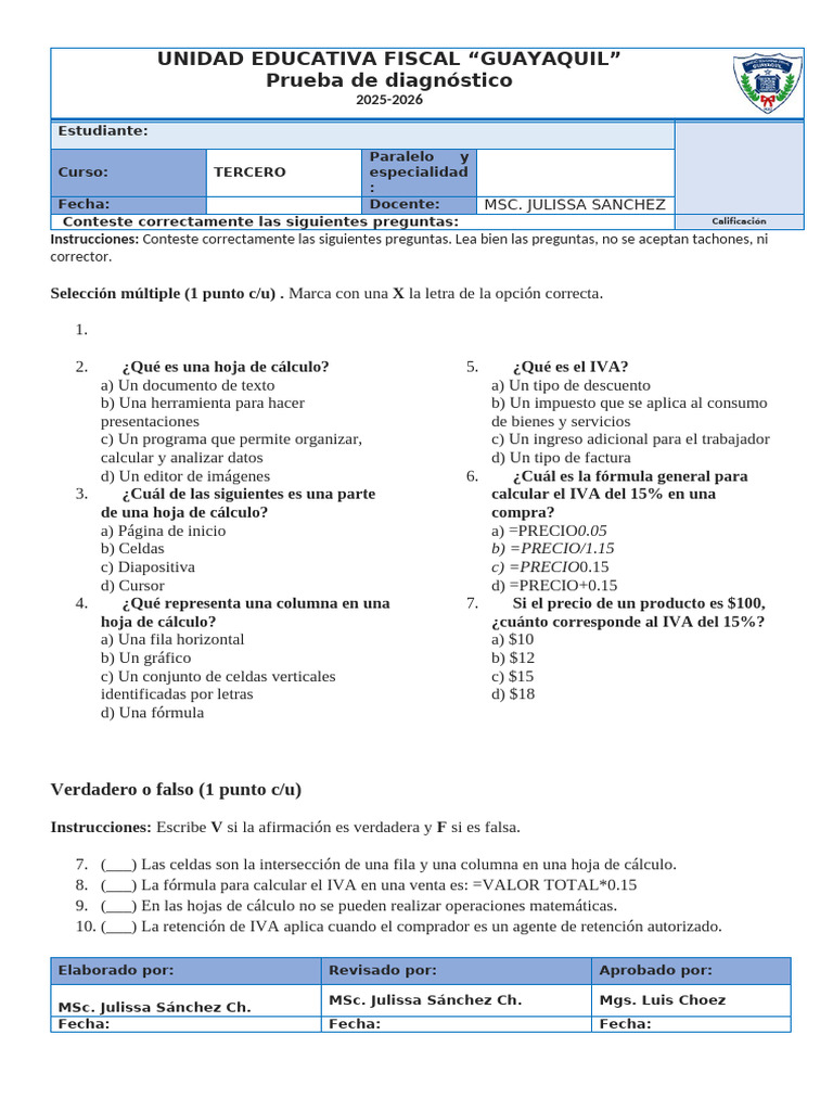 Prueba Diagnóstica Tercero Guayaquil 2025-2026 | PDF | Hoja de cálculo