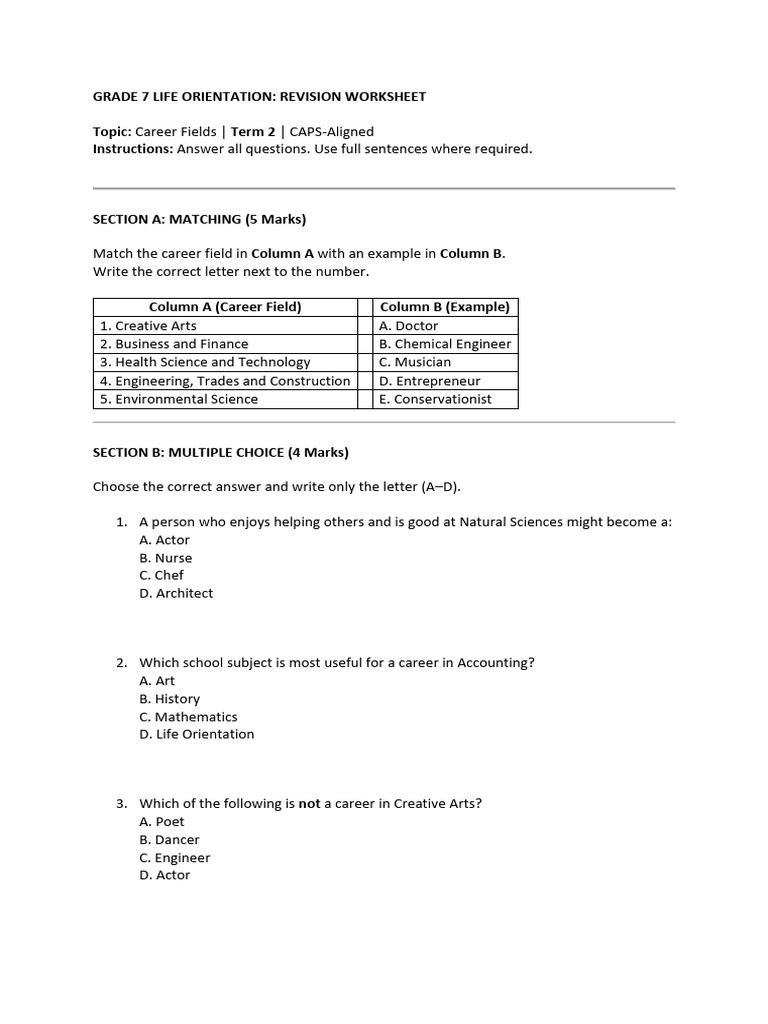 Grade 7 Life Orientation Revision Career Fields | PDF