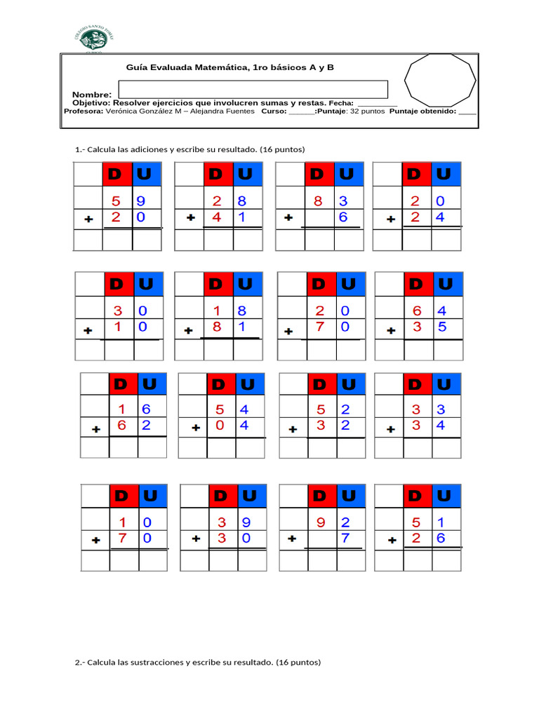 Guía Evaluada Matemática Sumas y Restas Mes de Junio | PDF