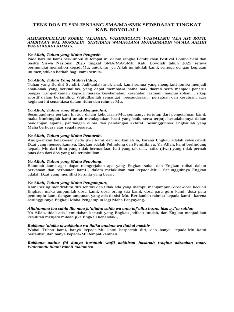 TEKS DOA Pembukaan Festival Lomba Seni Dan Sastra Siswa Nasional 2025 | PDF