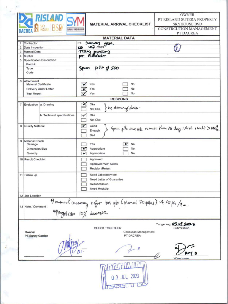 01 Material Arrival Checklist 03 July 2023 | PDF