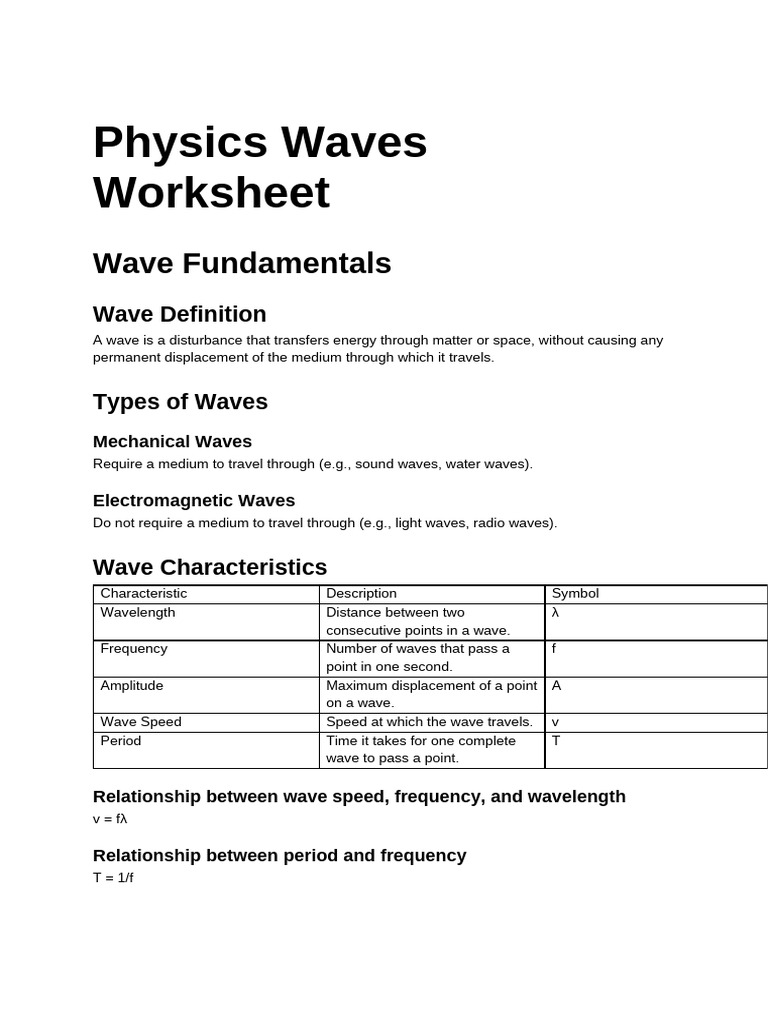 Physics Waves Worksheet | PDF