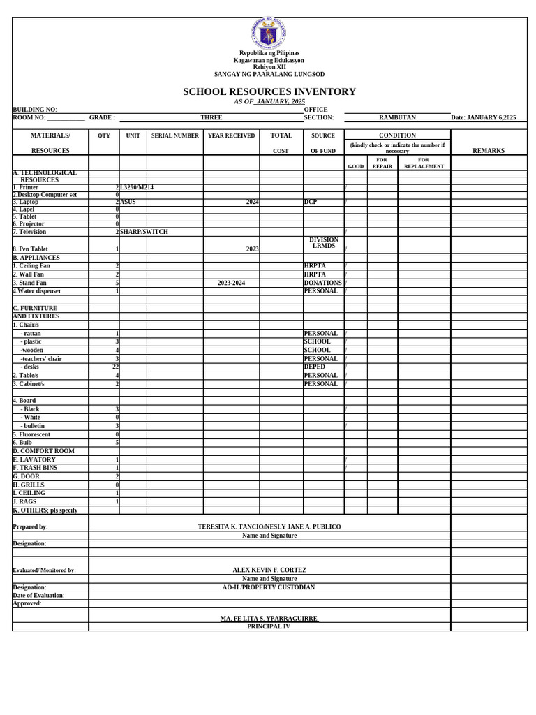 School Resource Inventory Form | PDF | Office Work | Office Equipment