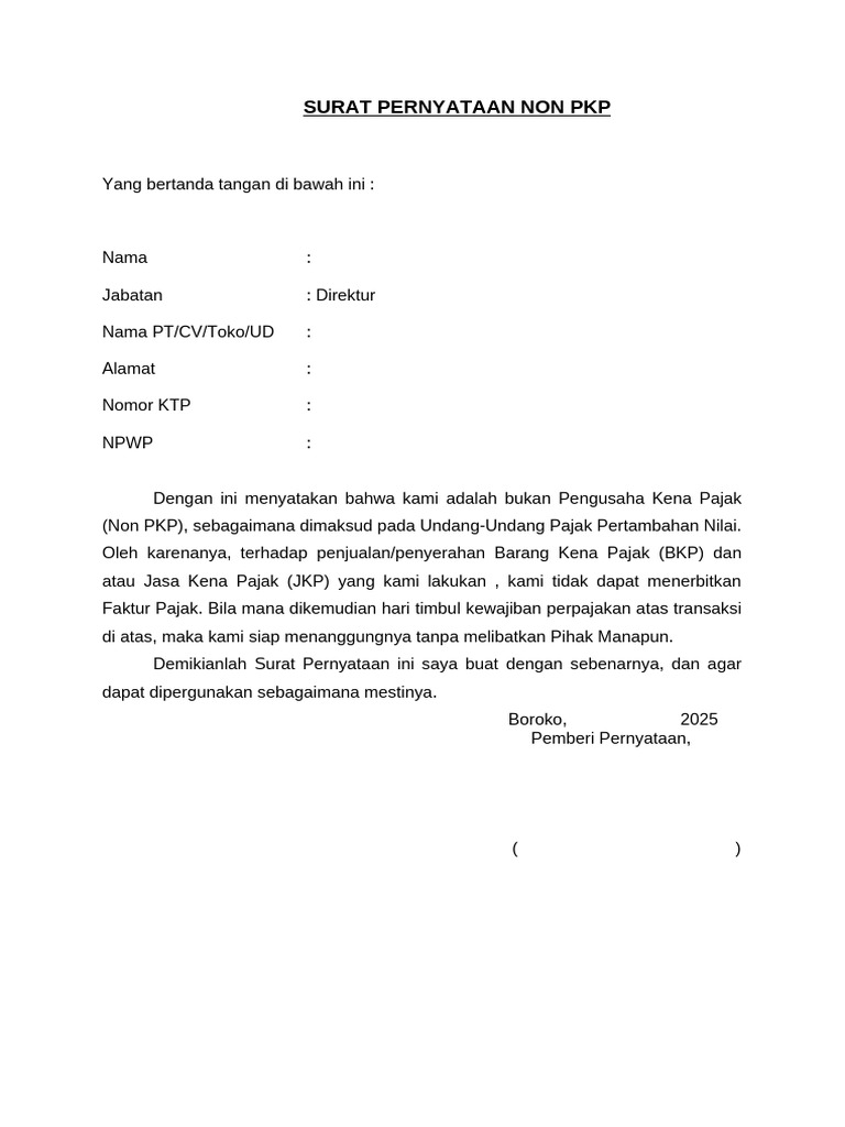 Contoh Surat Pernyataan Non PKP | PDF