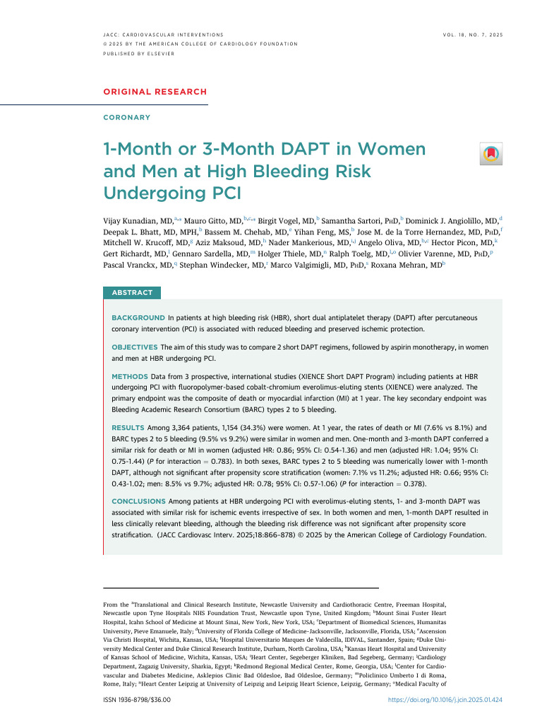 1-Month or 3-Month DAPT in Women and Men at High Bleeding Risk Undergoing PCI | PDF ...