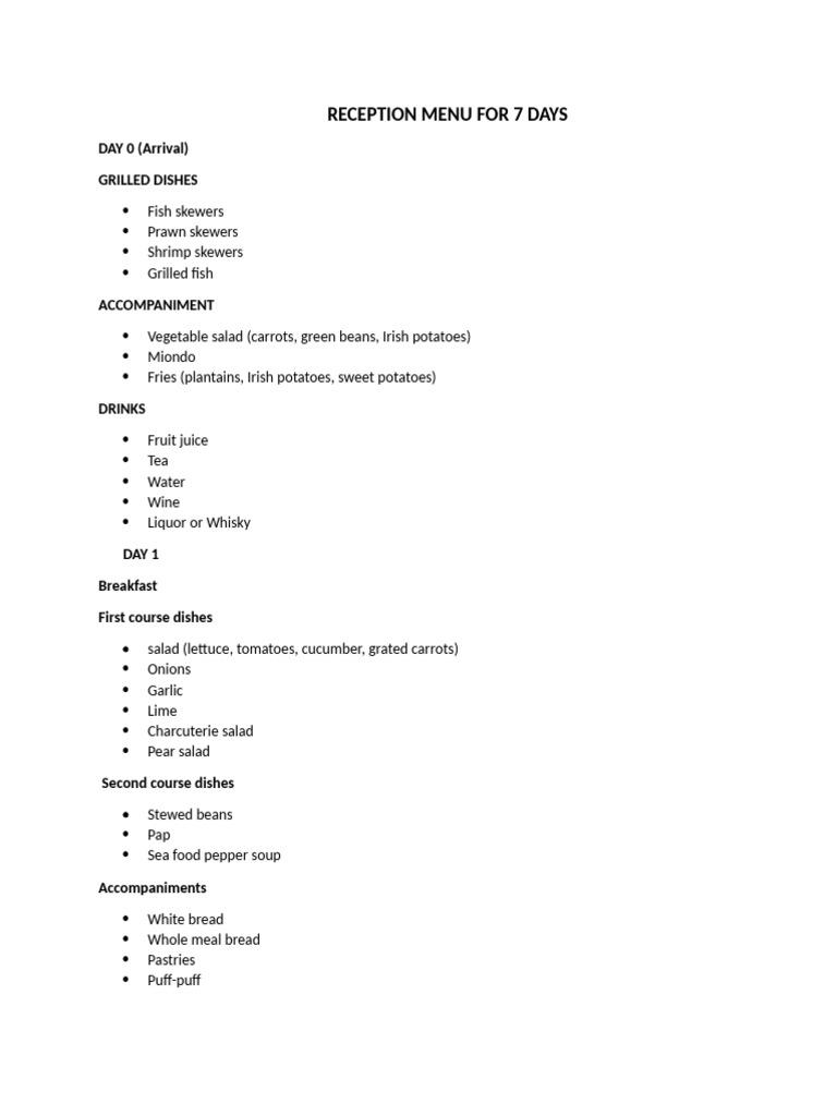 7-Day Reception Menu Overview | PDF | Salad | Meal
