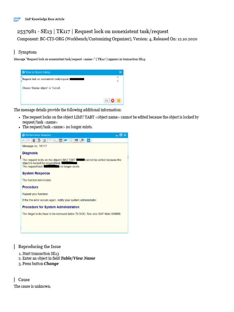 SE13 TK117 Request Lock On Nonexistent Task - Request | PDF | Computer ...