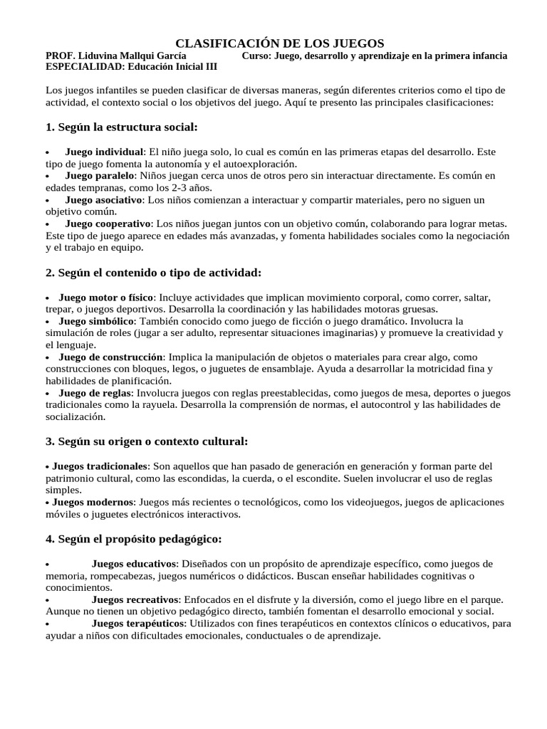Clasificación de Los Juegos | PDF | Educación de la primera infancia ...