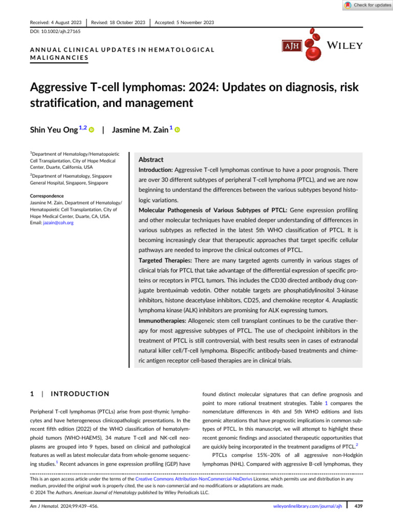 Ong Aggressive T NHL Review 2024 | PDF | Lymphoma | T Cell