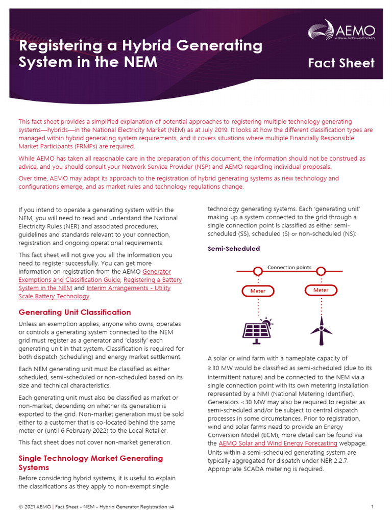 Fact Sheet NEM Hybrid Generator Registration | PDF | Renewable ...