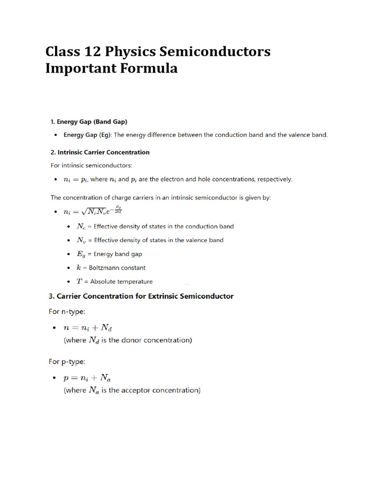 Class 12 Physics Semiconductors Important Formula | PDF