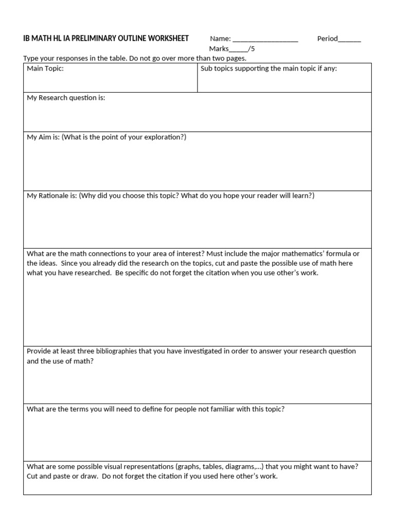 Ib Math Hl Ia Peliminary Outline Worksheet | PDF