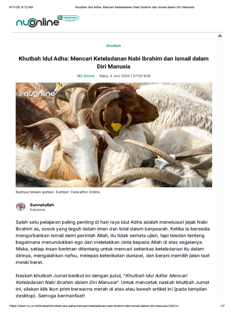 Khutbah Idul Adha - Mencari Keteladanan Nabi Ibrahim Dan Ismail Dalam Diri Manusia | PDF