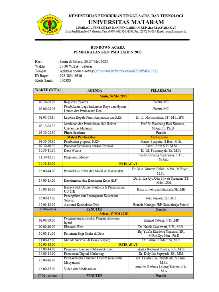 Roundown Pembekalan KKN PMD Unram Periode Juli Agustus 2025 | PDF