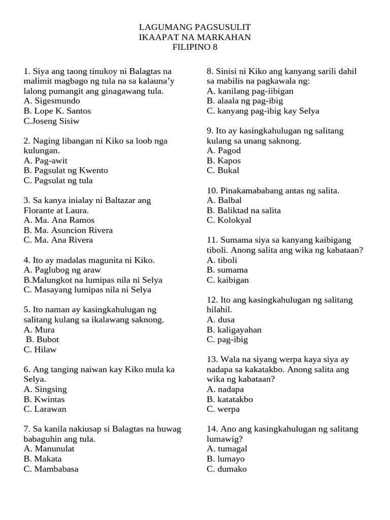 Lagumang Pagsusulit Filipino 8 | PDF