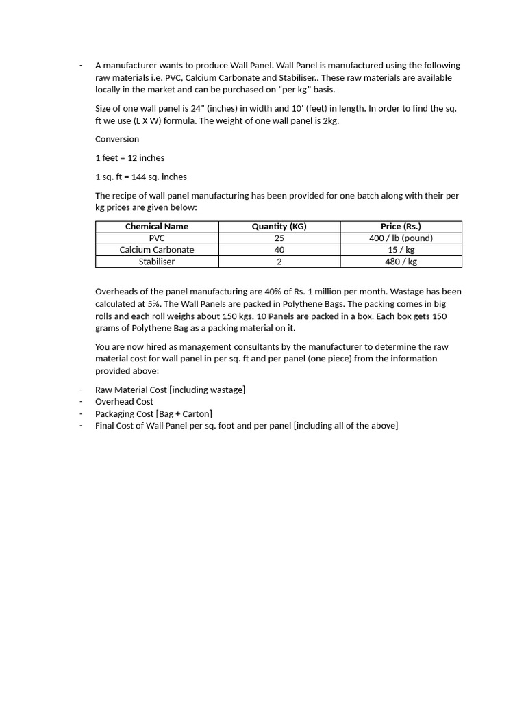 Cost Accounting Example - Wall Panels | PDF