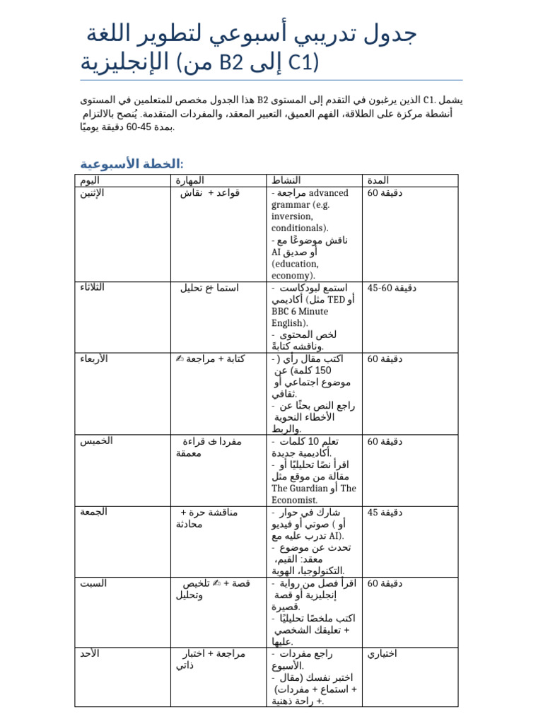 الجدول التدريبي B2 إلى C1 | PDF