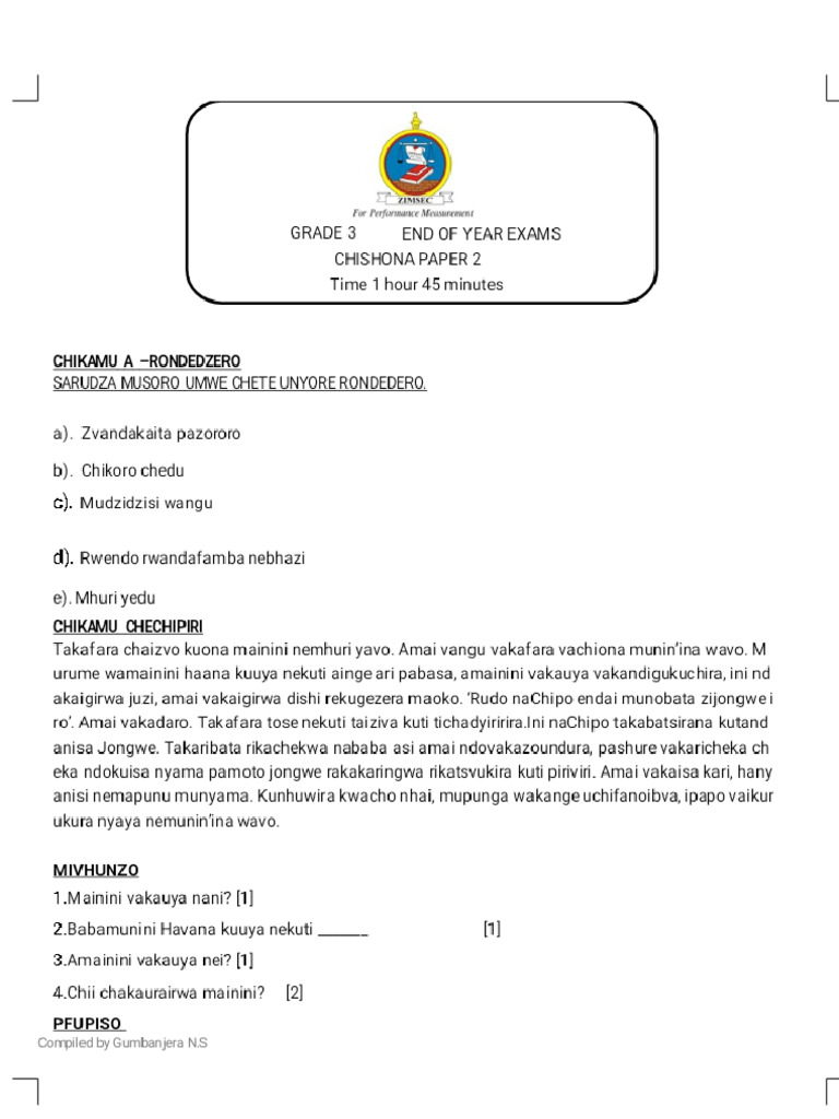 GRADE 3 CHISHONA END OF YEAR PAPER 2 2022 (1) Phoenix | PDF