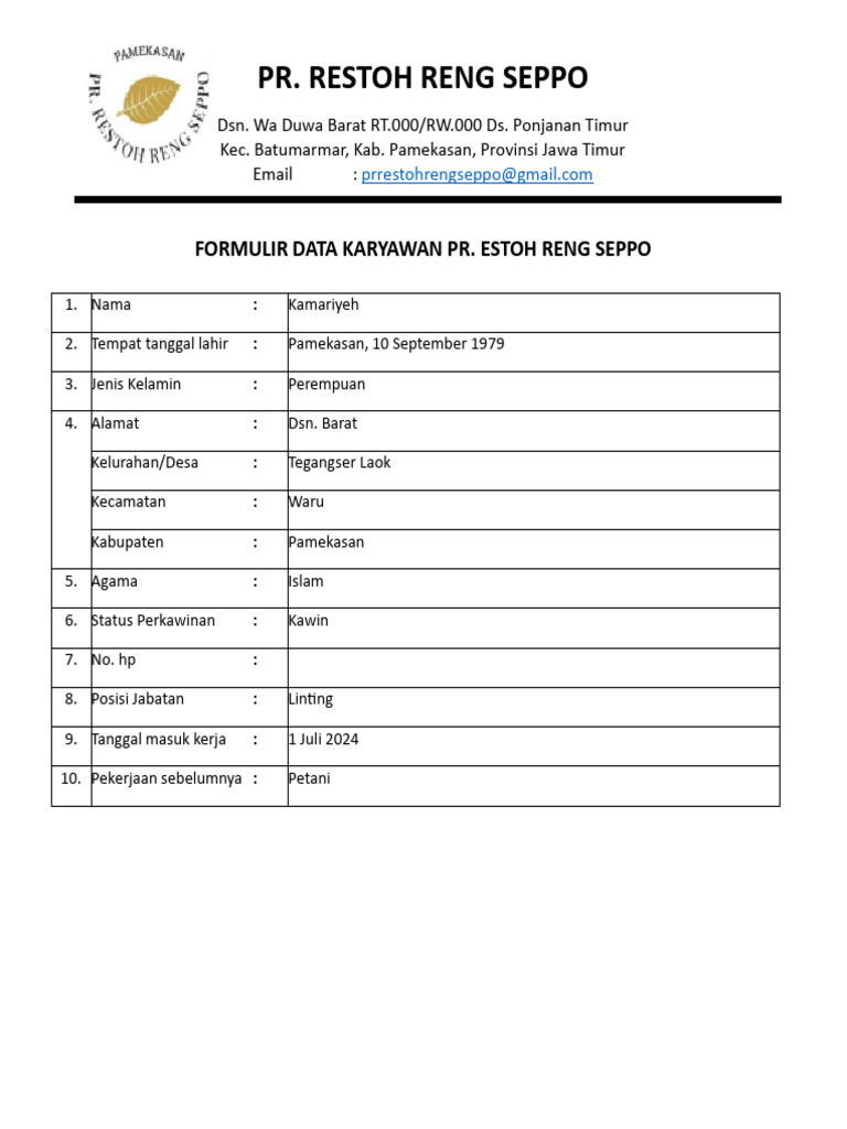Contoh Daftar Formulir Karyawan PR Estoh Reng Seppo | PDF
