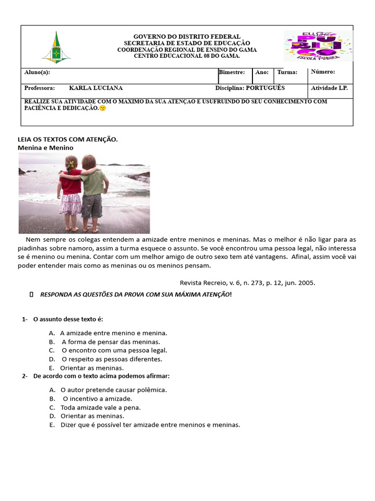 Ativ. Adaptada Português | PDF | Assunto (gramática) | Predicado (gramática)