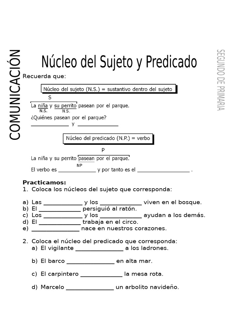 Ficha de Nucleo Del Sujeto y Predicado para Segundo de Primaria | PDF ...