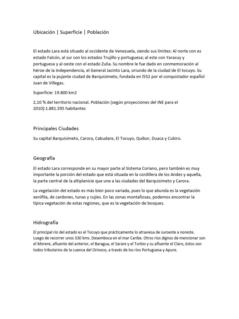 Datos Clave del Estado Lara, Venezuela | PDF