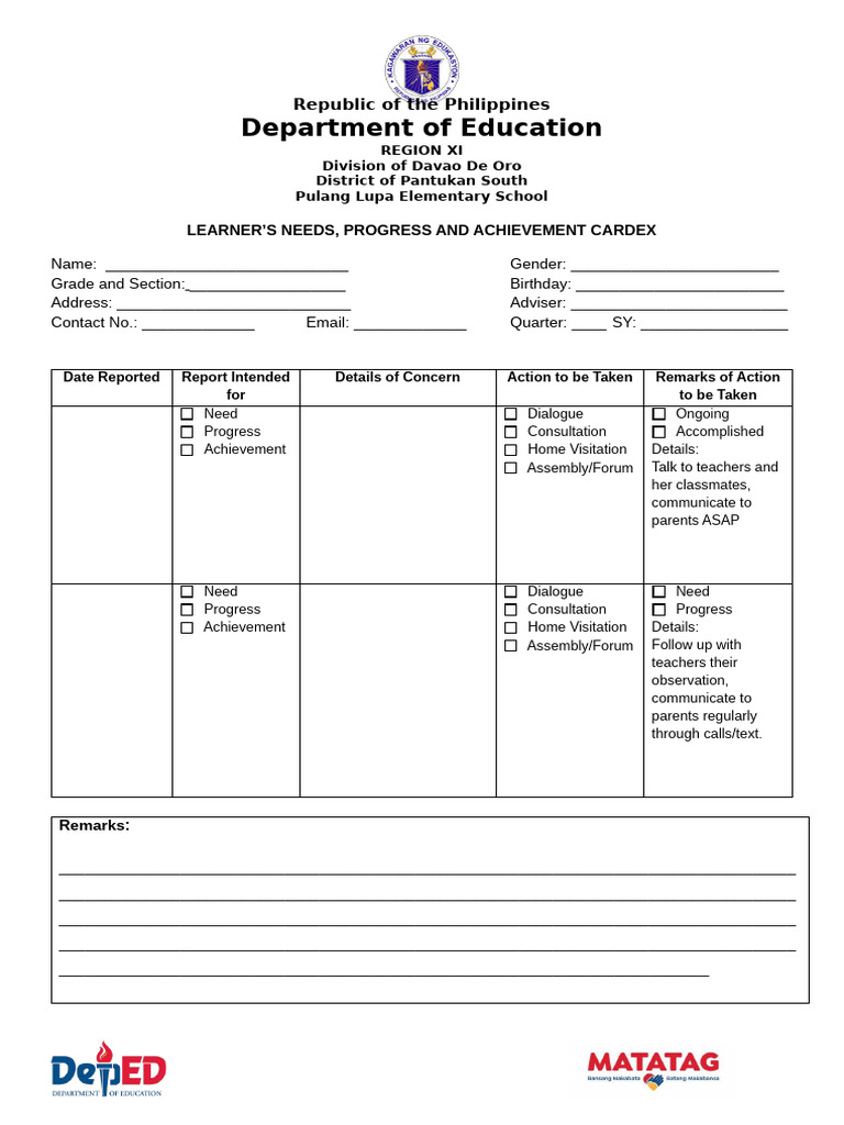 LEARNER'S NEEDS, PROGRESS AND ACHIEVEMENT CARDEX-depedtambayan-1 | PDF