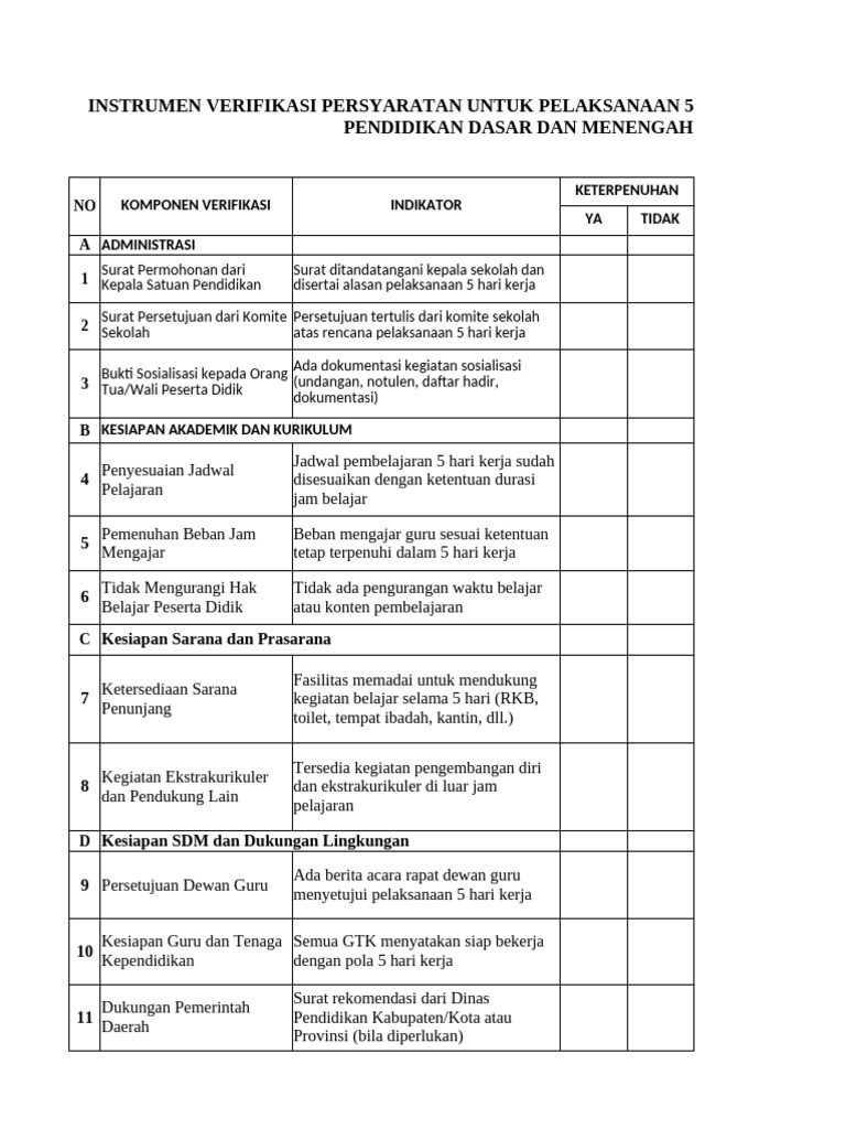 Instrumen Verifikasi 5 Hari Kerja | PDF