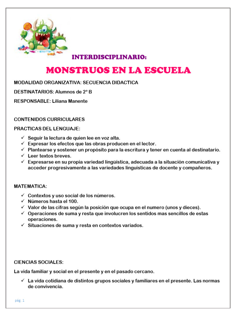 Monstruos en la Escuela: Secuencia Didáctica | PDF
